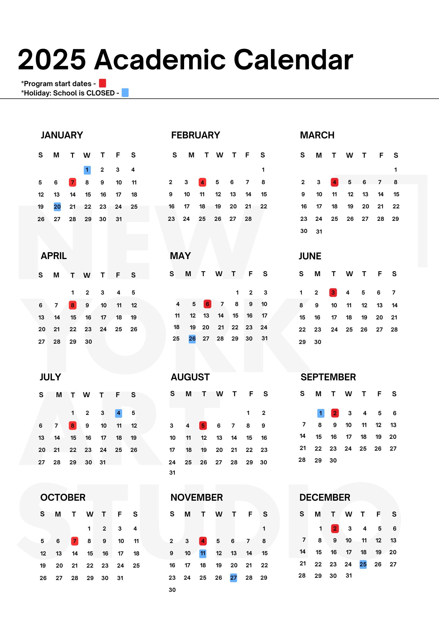 School Calendar | Best Art Courses, Online / Onsite | New York Art Studio